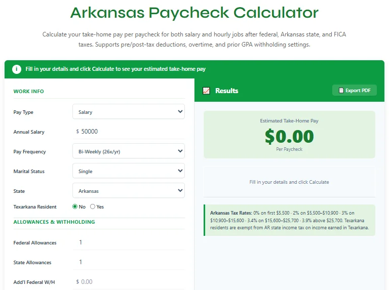 Arkansas Paycheck Calculator – Net Pay Estimator